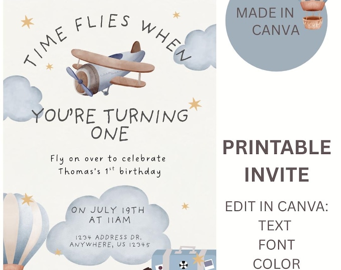 Editable Time Flies When You're Turning One Birthday Invite, First ...