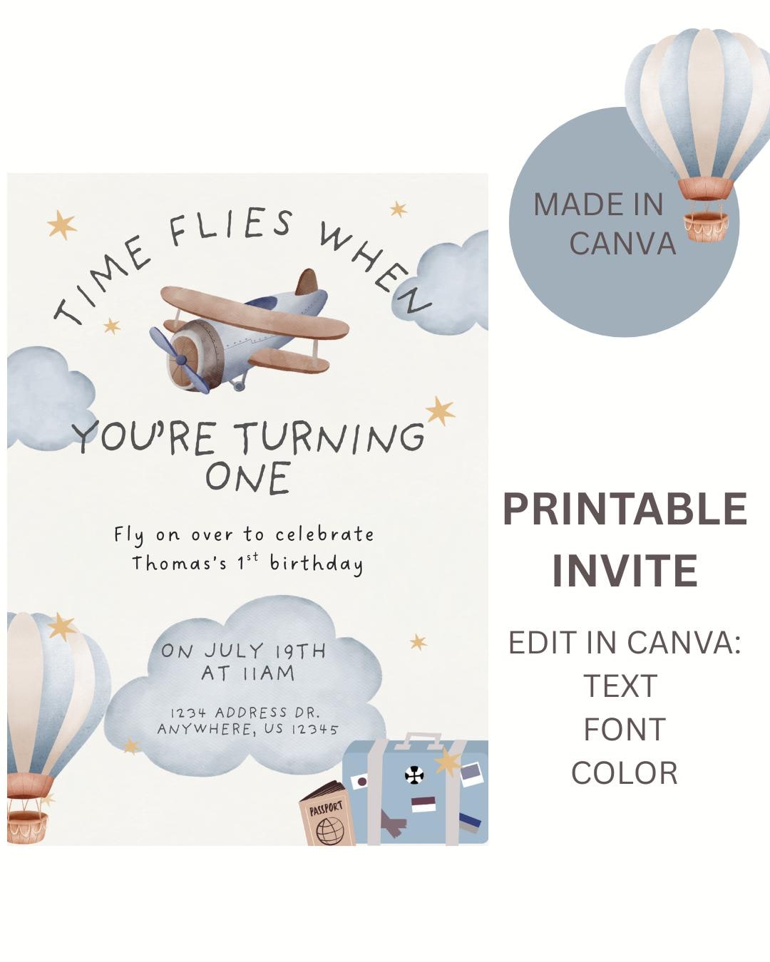 Editable Time Flies When You're Turning One Birthday Invite, First ...