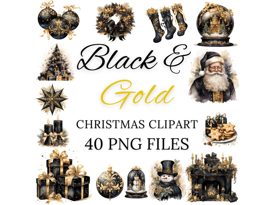 Black and Gold Christmas Clipart Bundle 40 Pngs, Elegant Watercolor ...