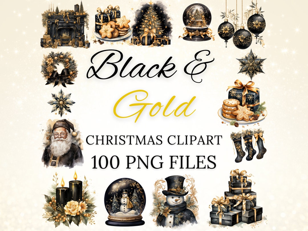Black and Gold Christmas Clipart Bundle 100 PNG Files, Watercolor Black ...