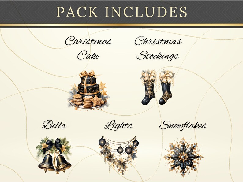 Black and Gold Christmas Clipart Pack 30 PNG Files With Transparent ...