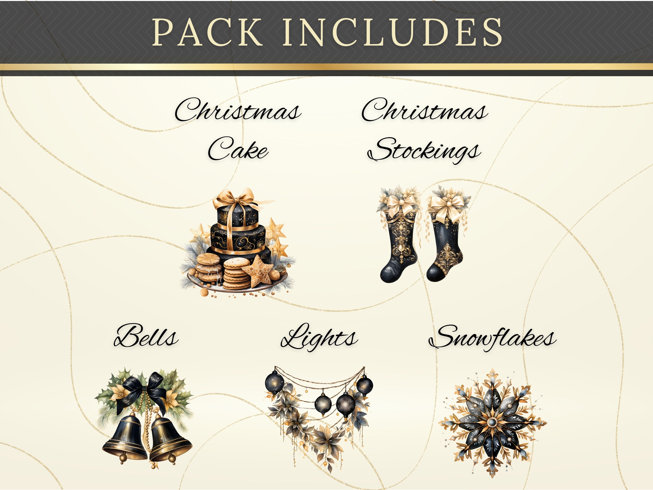 Black and Gold Christmas Clipart Pack 30 PNG Files With Transparent ...