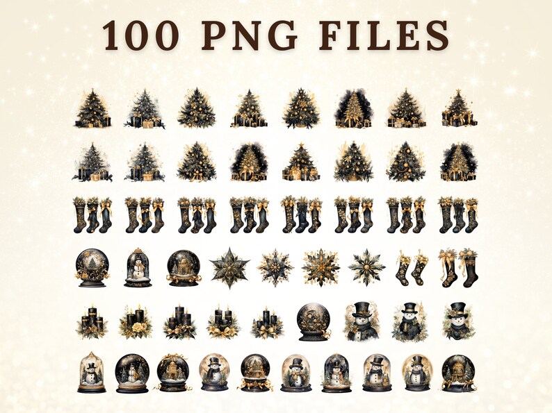 Black and Gold Christmas Clipart Bundle 100 PNG Files, Watercolor Black ...