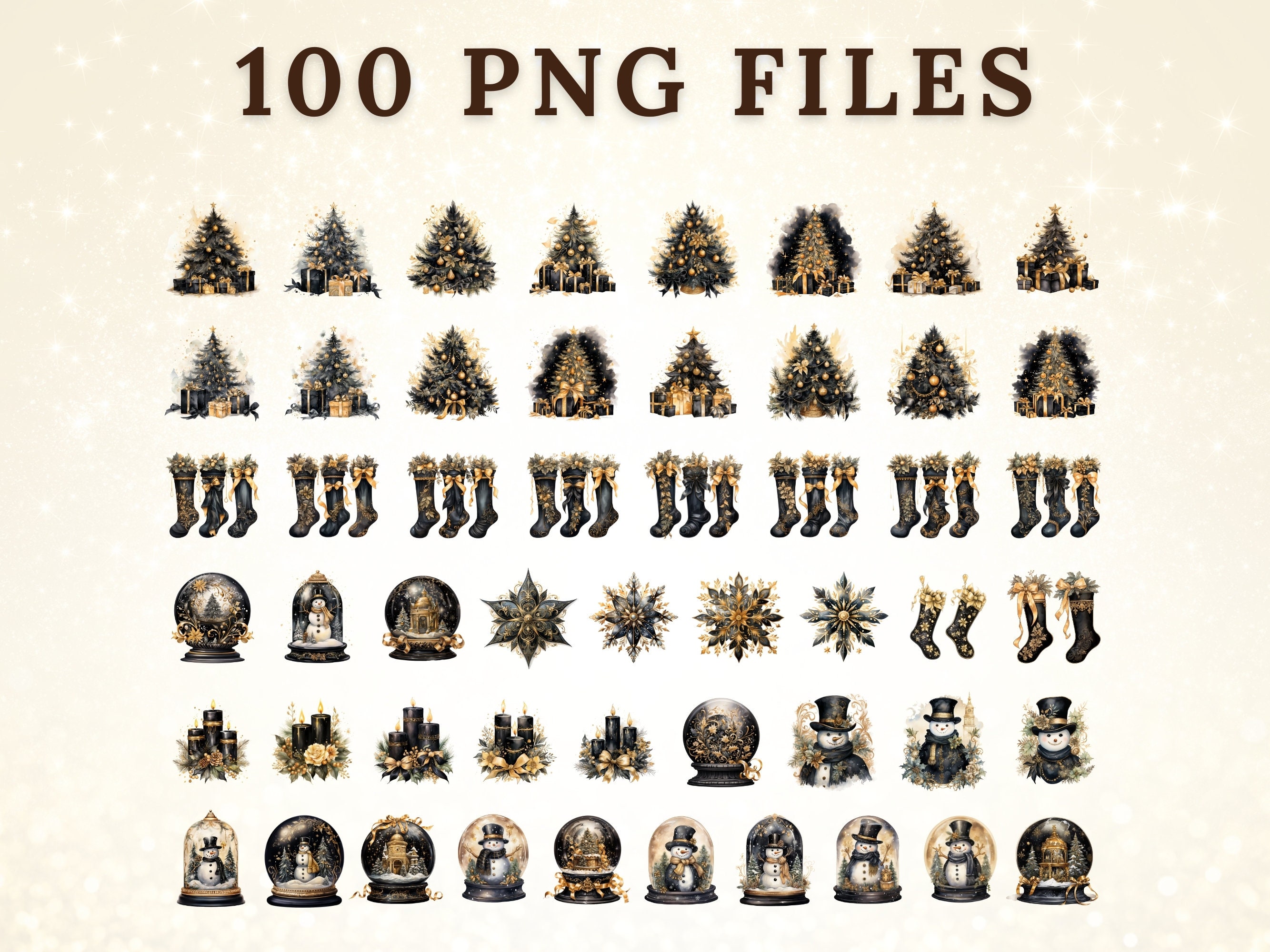 Black and Gold Christmas Clipart Bundle 100 PNG Files, Watercolor Black ...