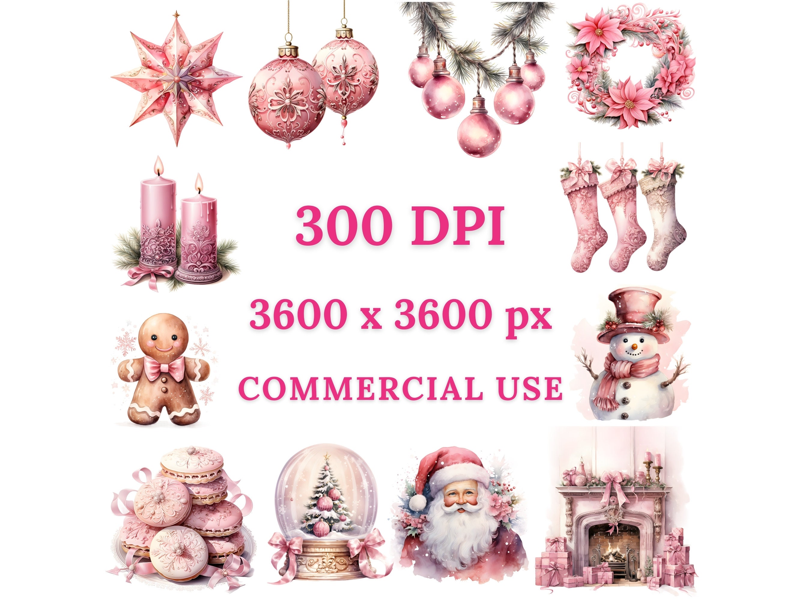 Pink Christmas Clipart Bundle 40 Pngs, Watercolor Pink Christmas Tree ...