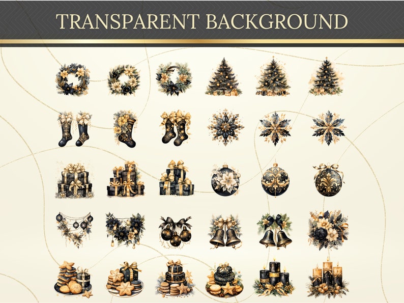 Black and Gold Christmas Clipart Pack 30 PNG Files With Transparent ...