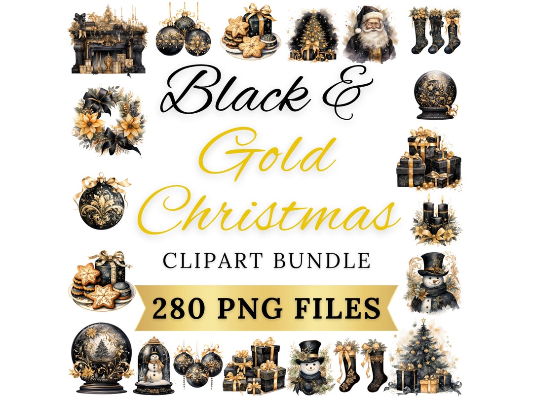 Black and Gold Christmas Clipart Bundle 280 Pngs, Watercolor Black and ...