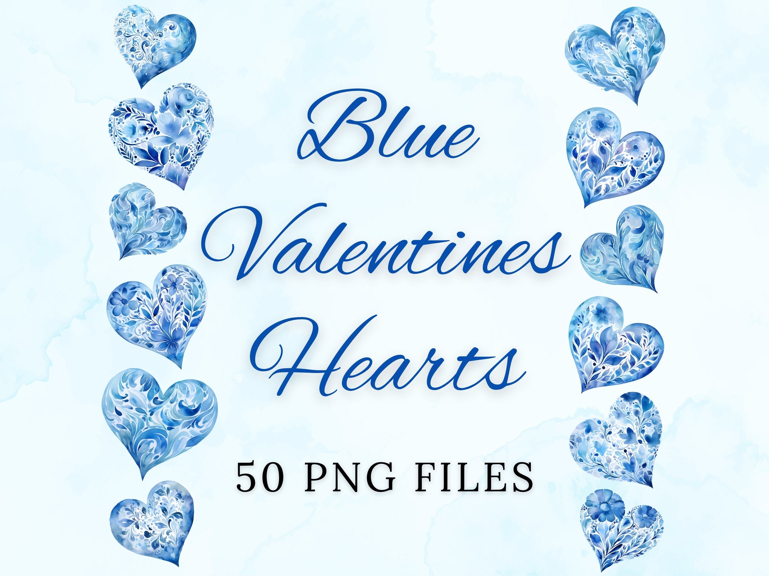 Blue Heart Clipart 50 Pngs, Floral Watercolor Valentines Day Clipart ...