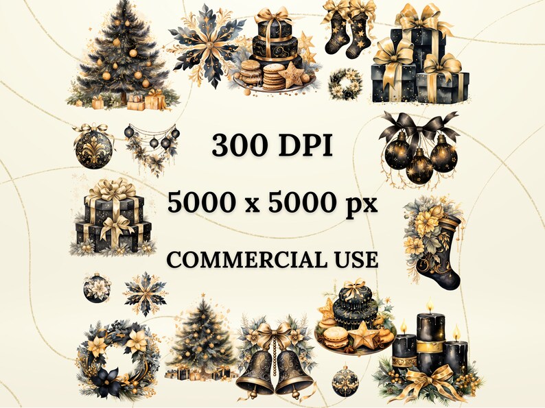Black and Gold Christmas Clipart Pack 30 PNG Files With Transparent ...