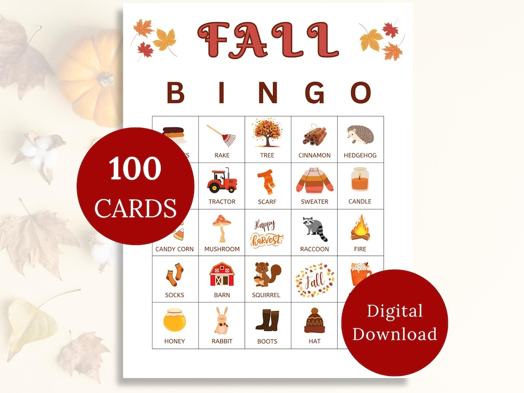 100 Fall Bingo Cards, Printable Bingo Game, Fall Games for Kids and ...