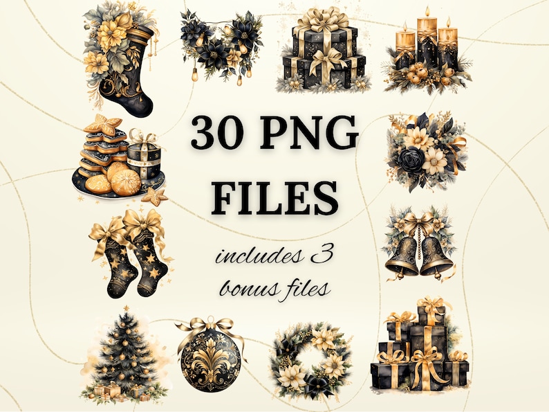 Black and Gold Christmas Clipart Pack 30 PNG Files With Transparent ...