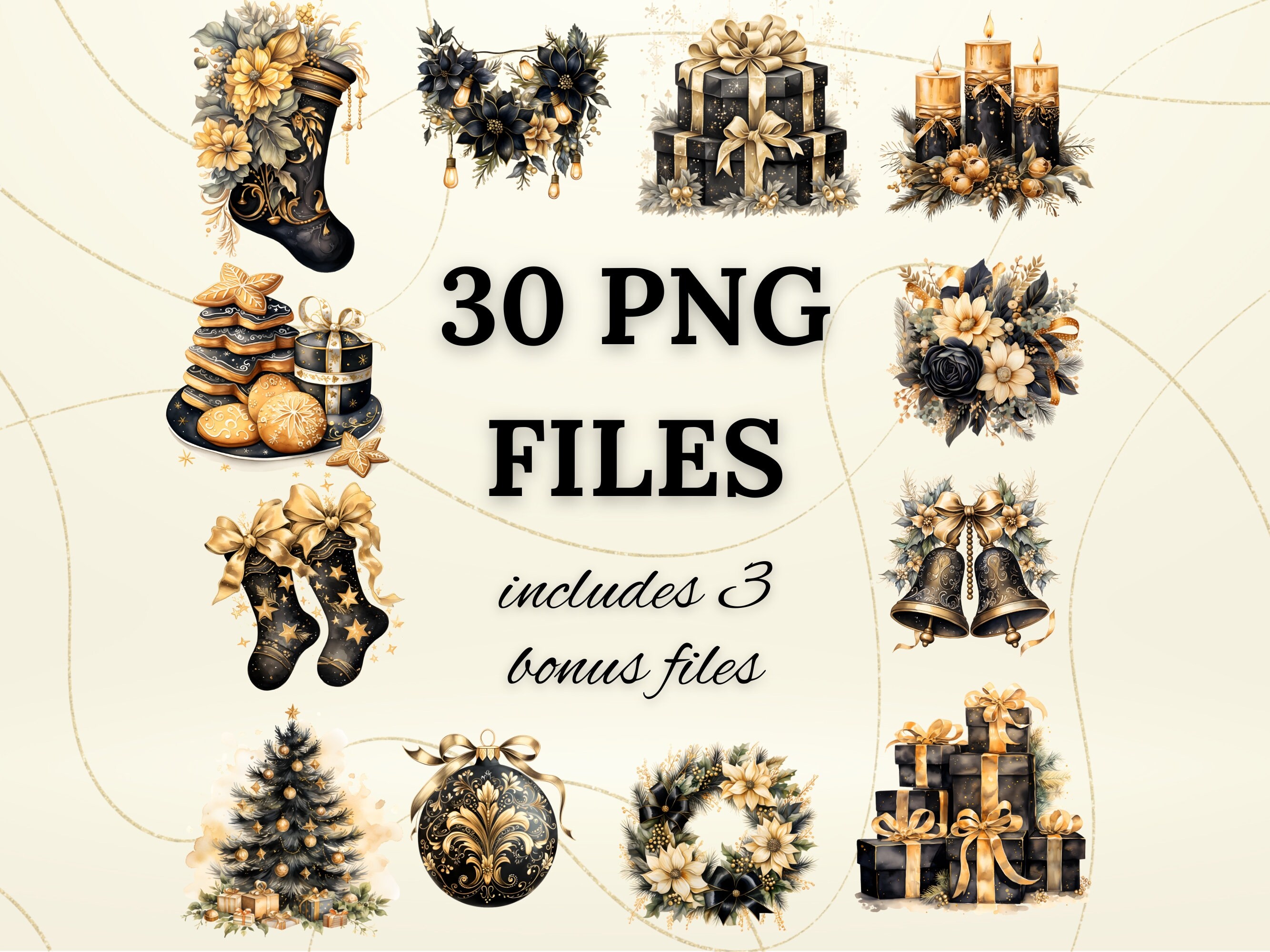 Black and Gold Christmas Clipart Pack 30 PNG Files With Transparent ...