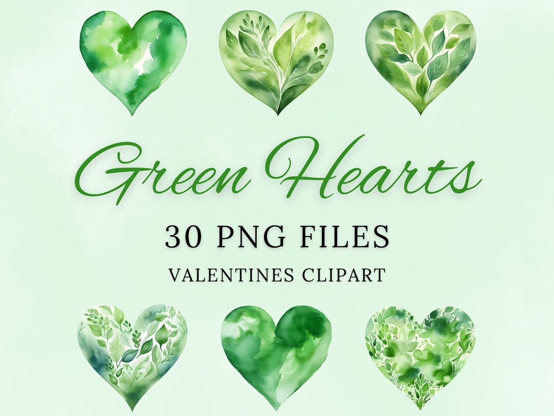 Green Heart Clipart 30 Pngs, Floral Watercolor Valentines Images, Green ...