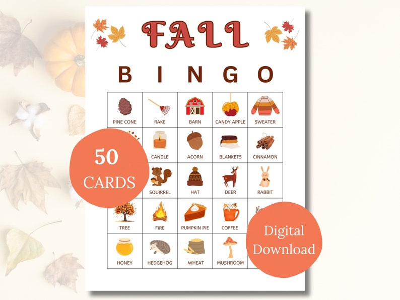 50 Fall Bingo Cards, Printable Bingo Game, Kids Fall Activities, Fall ...