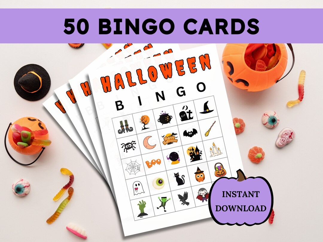 50 Halloween Bingo Cards, Halloween Bingo Game, Printable Kids ...