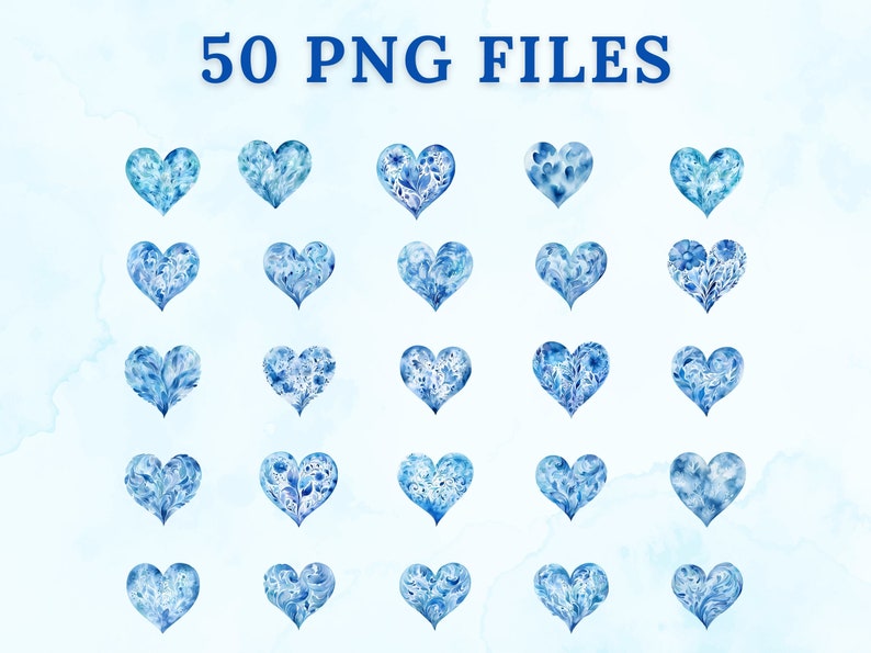 Blue Heart Clipart 50 Pngs, Floral Watercolor Valentines Day Clipart ...