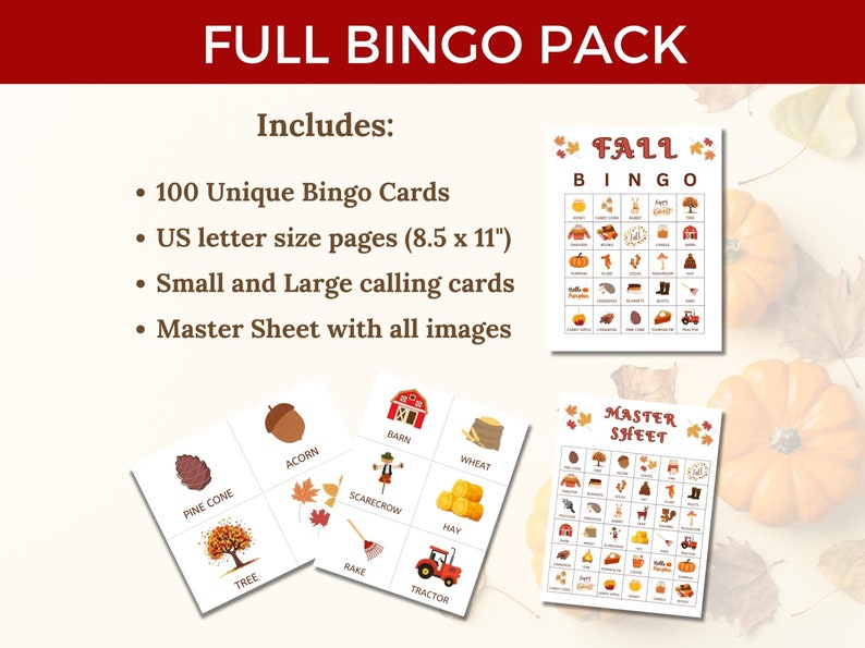 100 Fall Bingo Cards, Printable Bingo Game, Fall Games for Kids and ...