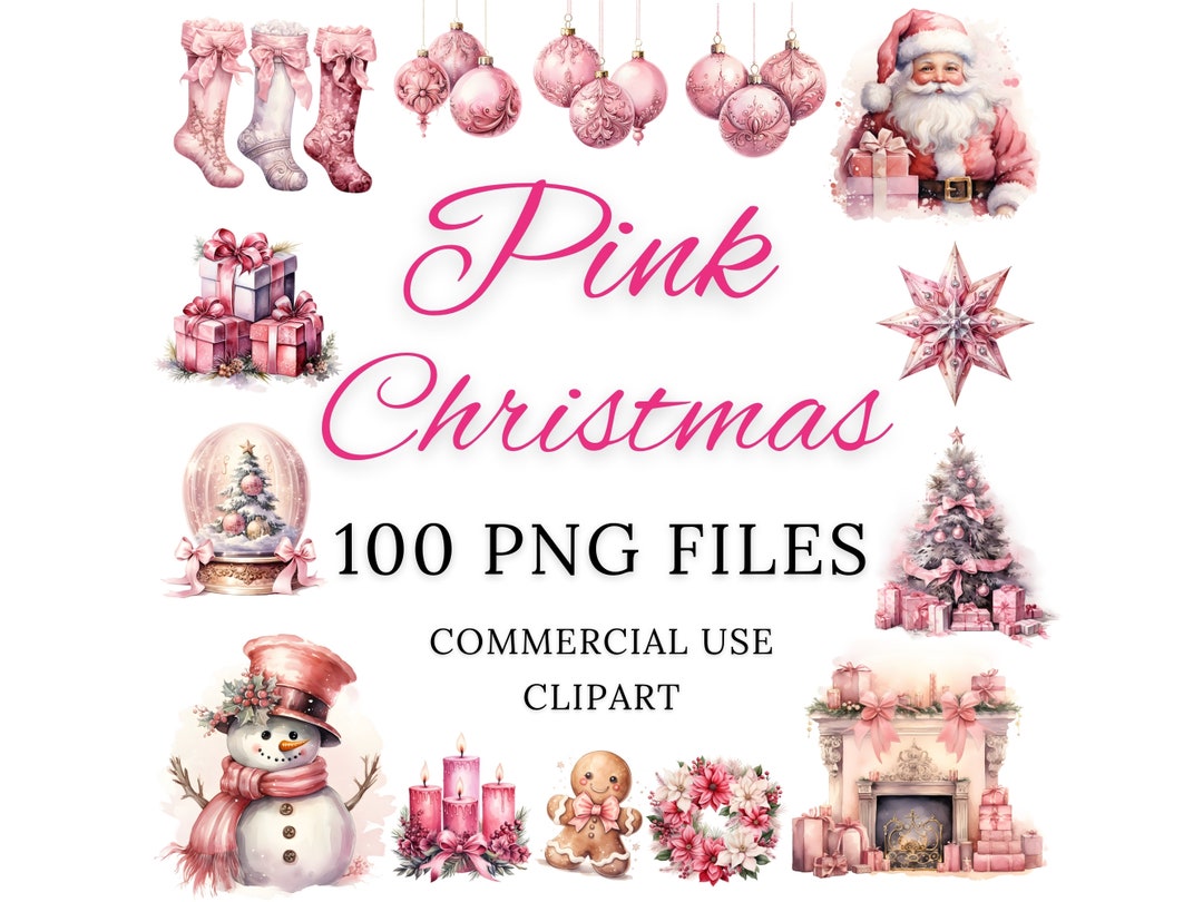 Pink Christmas Clipart Bundle 100 Pngs, Pink Watercolor Christmas PNG ...