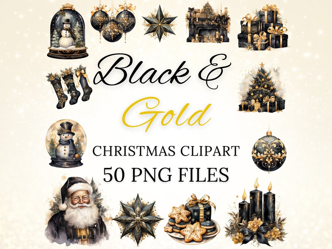 Black and Gold Christmas Clipart Bundle 50 PNG Files, Elegant ...