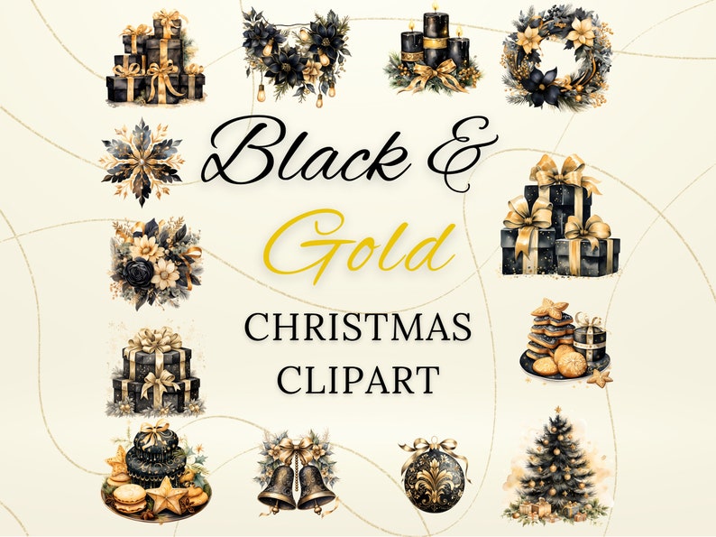 Black and Gold Christmas Clipart Pack 30 PNG Files With Transparent ...