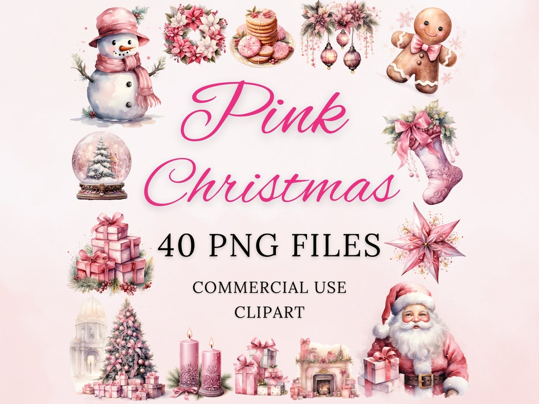 Pink Christmas Clipart Bundle 40 Pngs, Watercolor Pink Christmas Tree ...