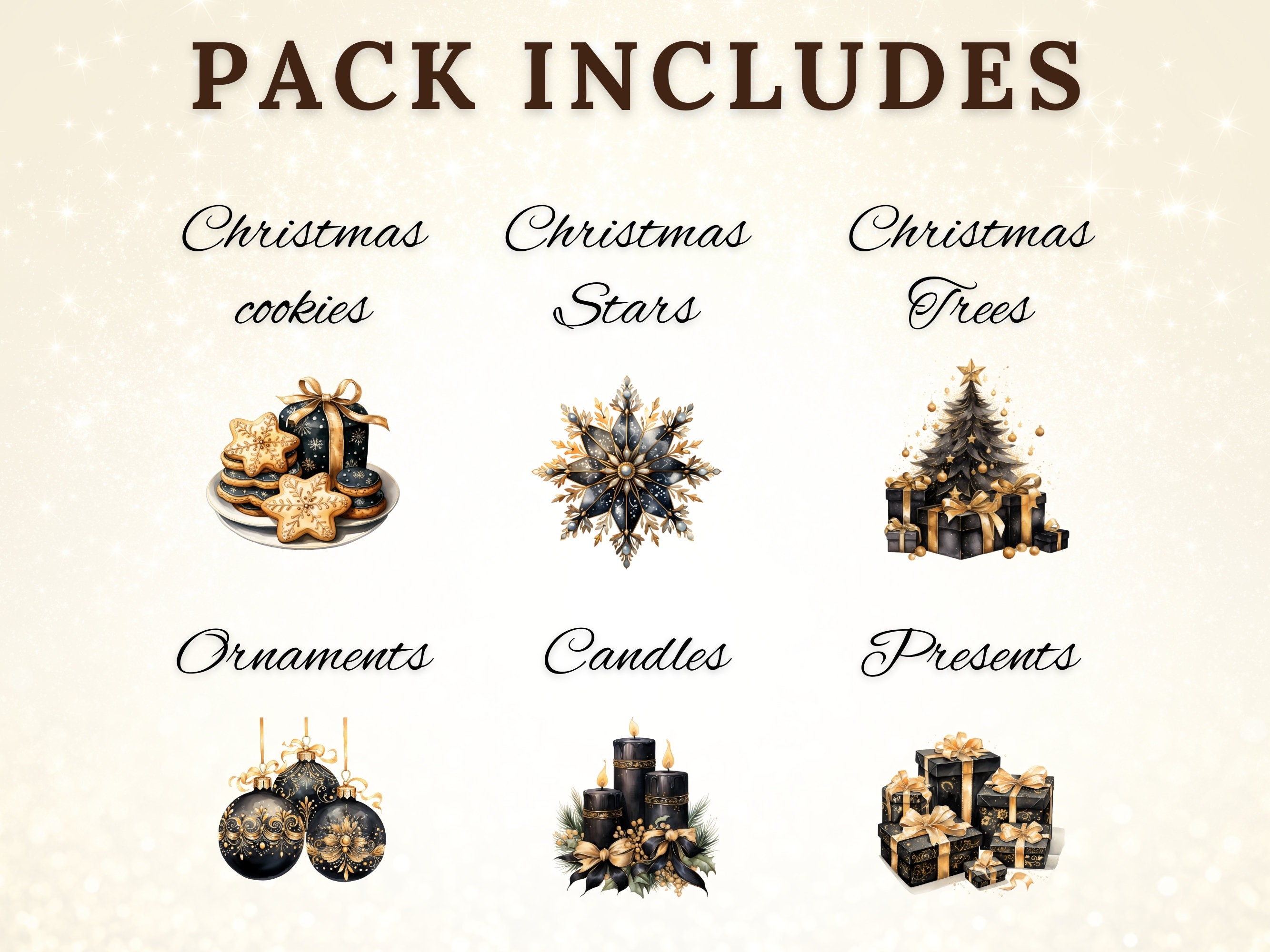 Black and Gold Christmas Clipart Bundle 100 PNG Files, Watercolor Black ...