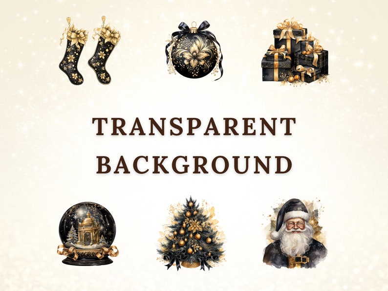 Black and Gold Christmas Clipart Bundle 100 PNG Files, Watercolor Black ...