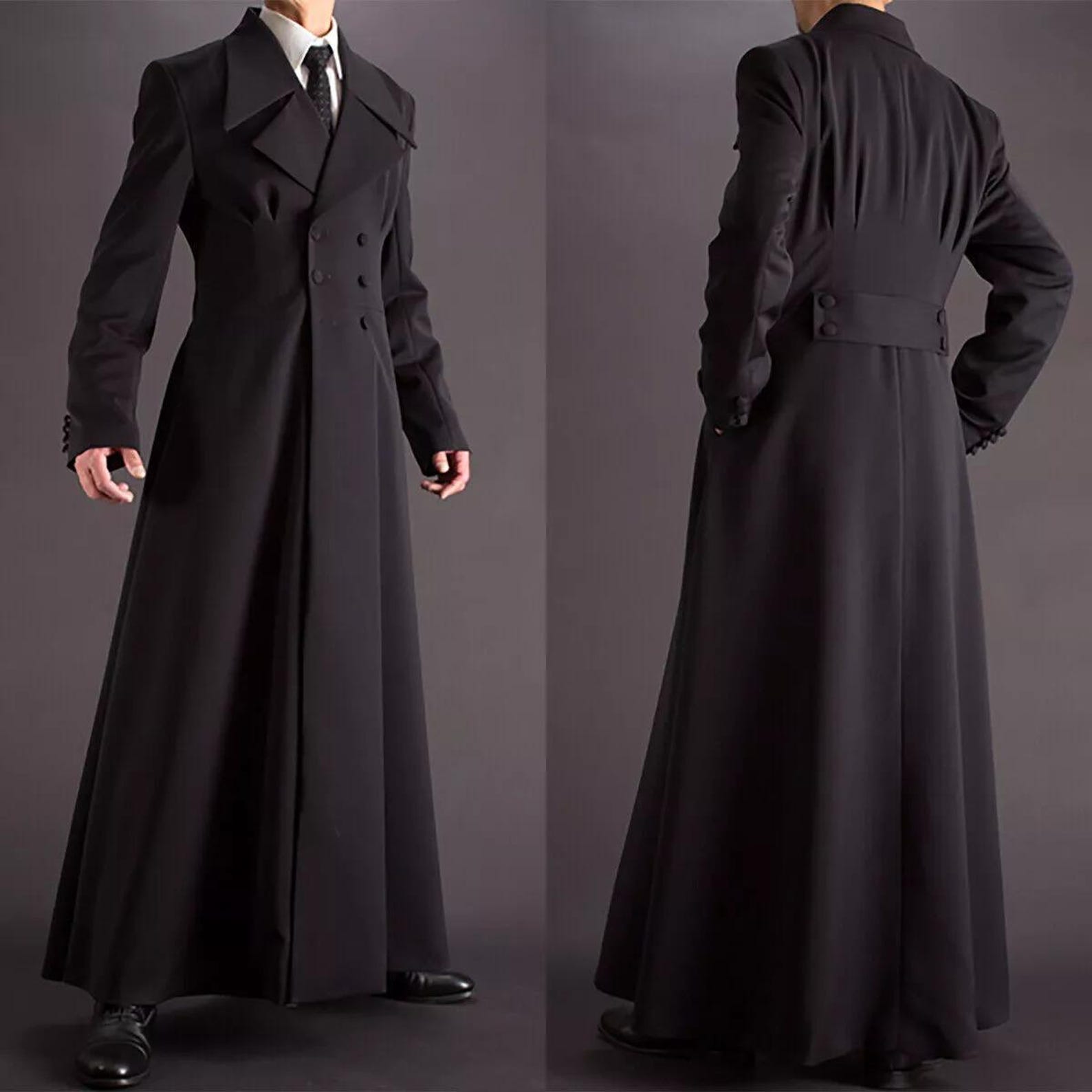 British Men Black Overcoat Tweed Wool Double Breasted Wide Lapel Long ...
