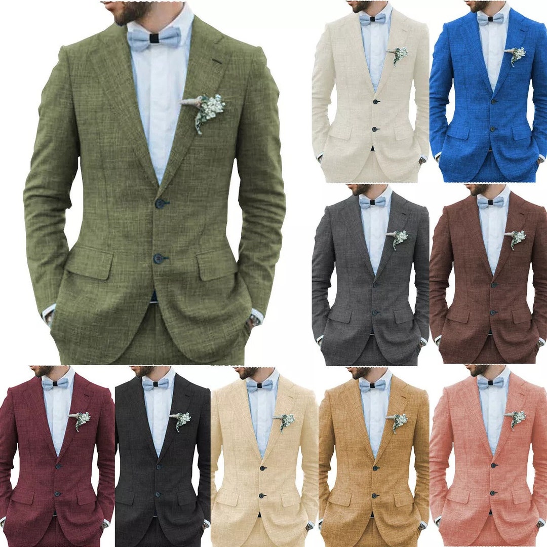 Men 2 Piece Linen Suit Groom Bestmen Wedding Formal Tuxedos Blazer ...