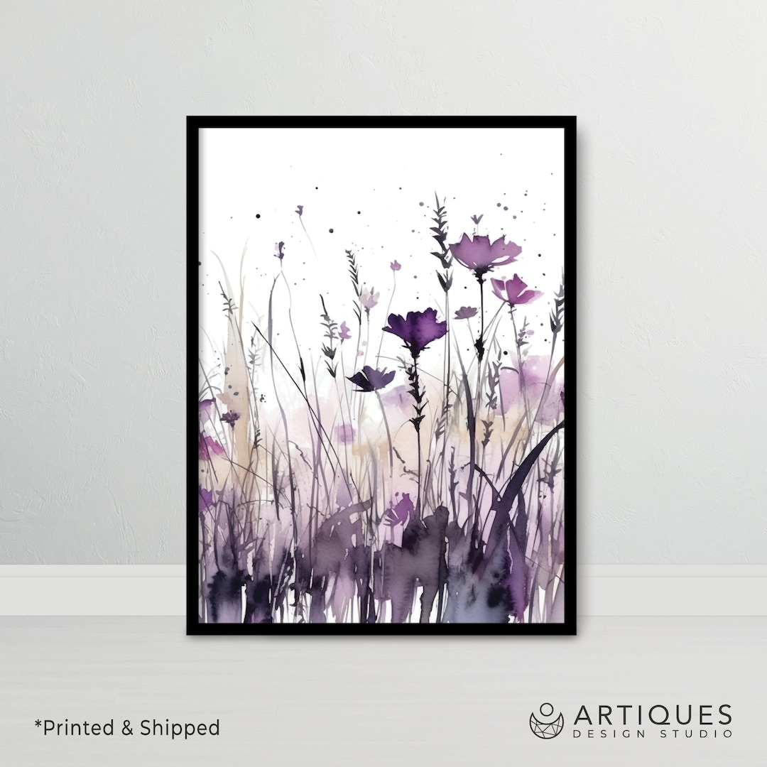 Purple Flowers Watercolor Field of Flowers Wall Art Purple Floral Wall ...