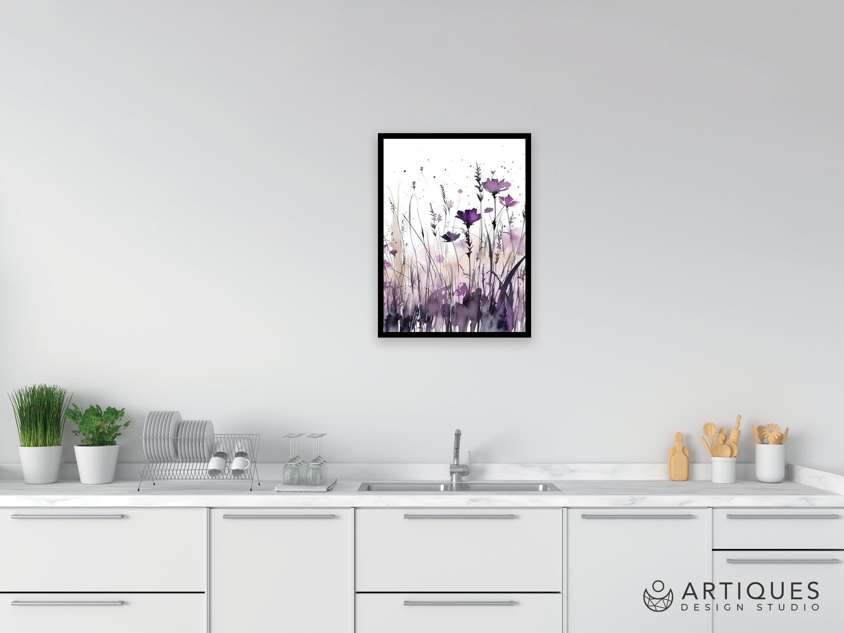 Purple Flowers Watercolor Field of Flowers Wall Art Purple Floral Wall ...