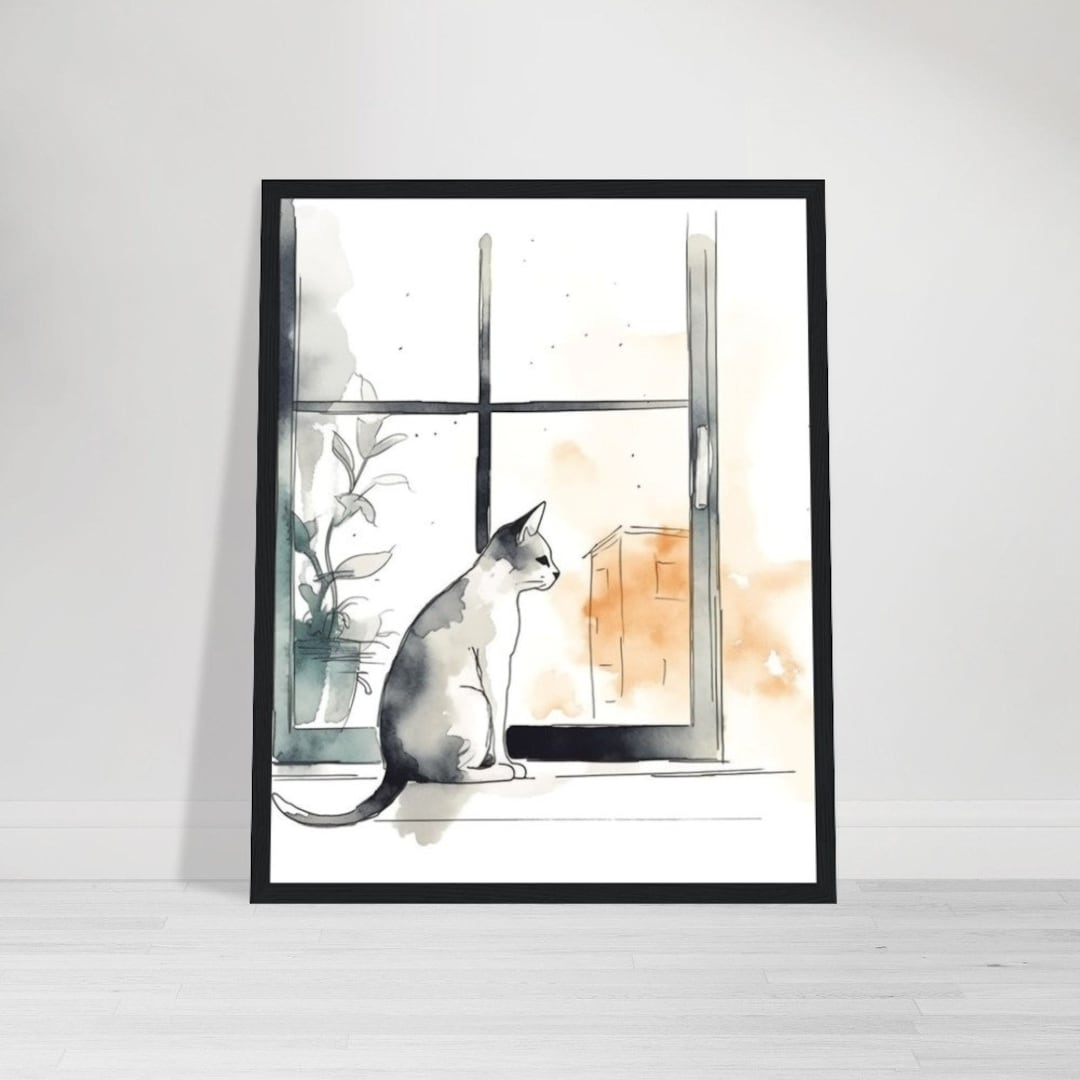 Cat Window Art, Cat Wall Art Watercolor, Cat Canvas Wall Art ...