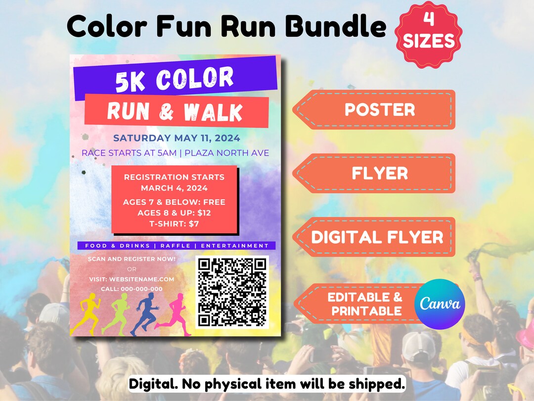 Color Run, Marathon, Editable Fun Run, Fund Raiser Flyer, Community ...