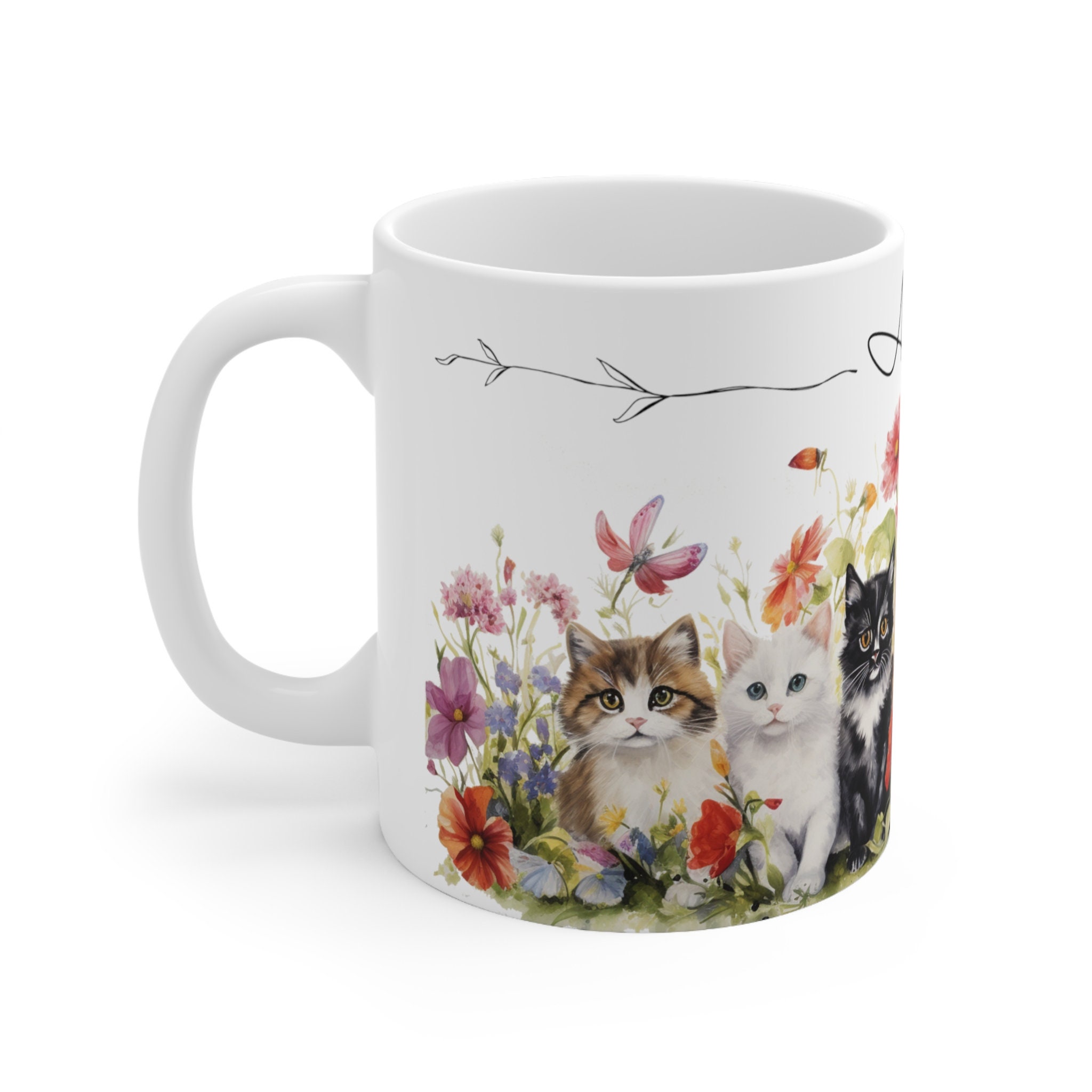 Custom Cat Coffee Mug, Personalized Kitten Mug, Kittens in Flowers Mug ...