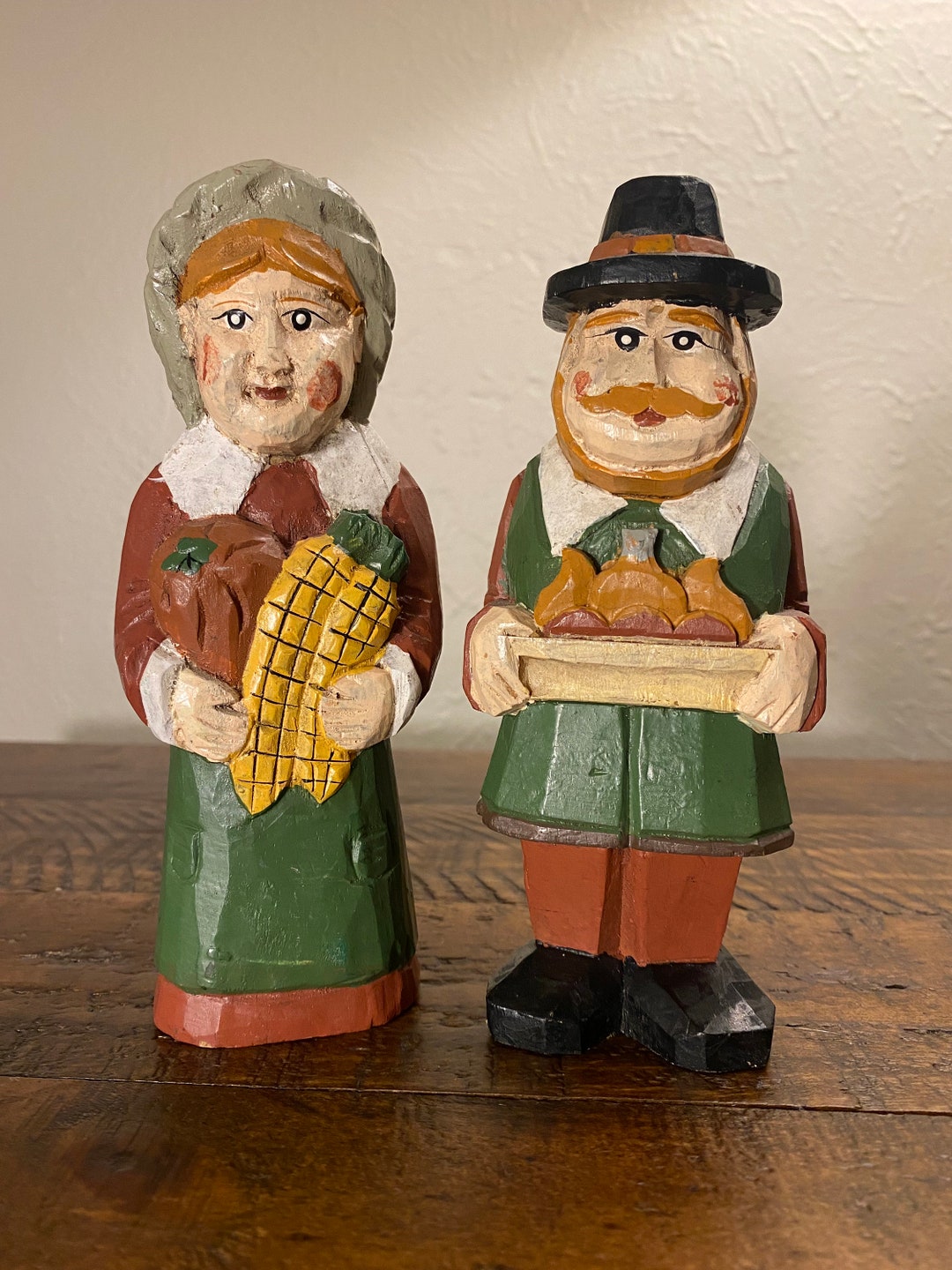 Vintage Hand Carved and Hand Painted Pilgrim Couple. - Etsy