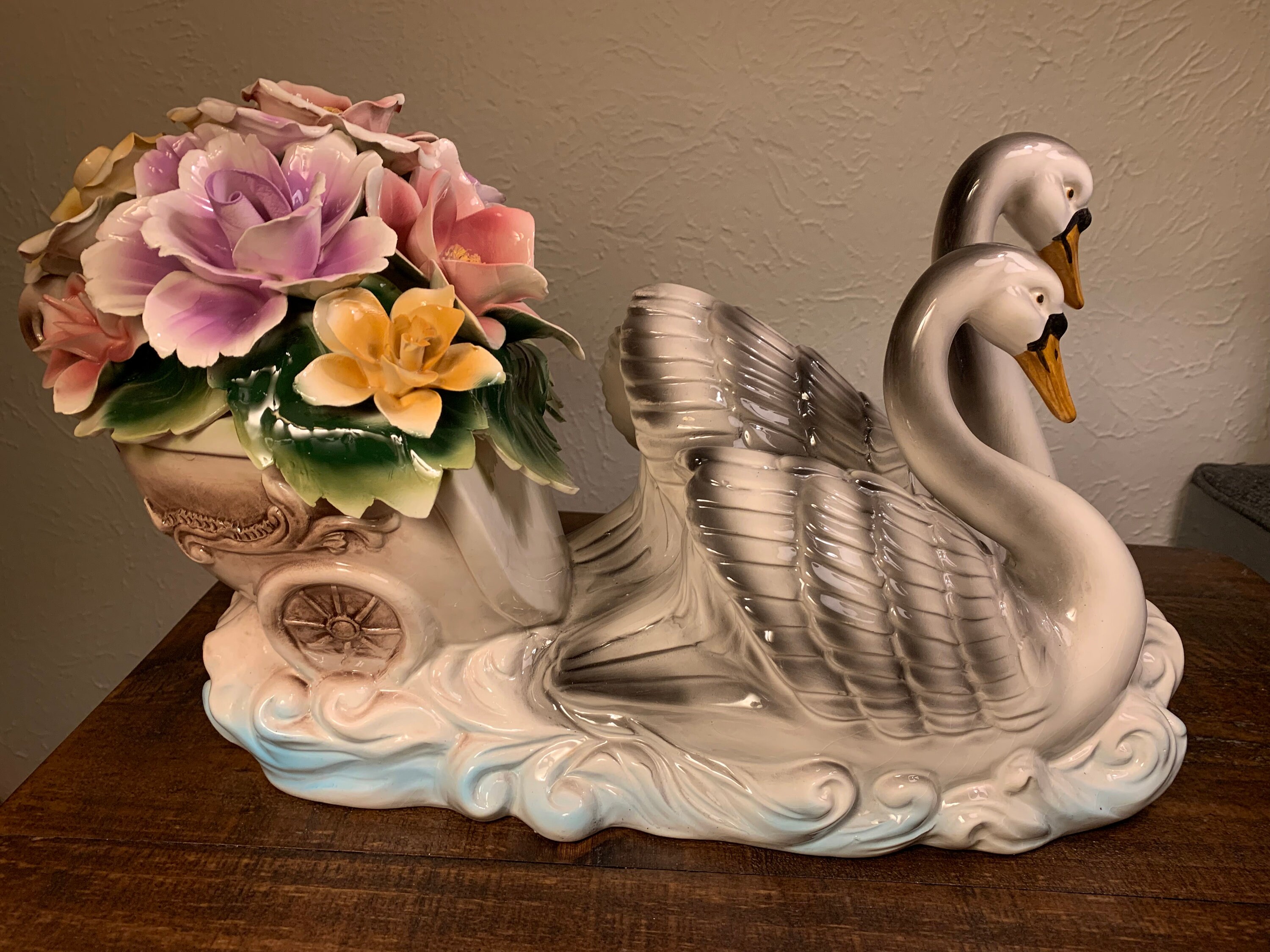 Capodimonte Double Swan With Chariot Floral Centerpiece - Etsy