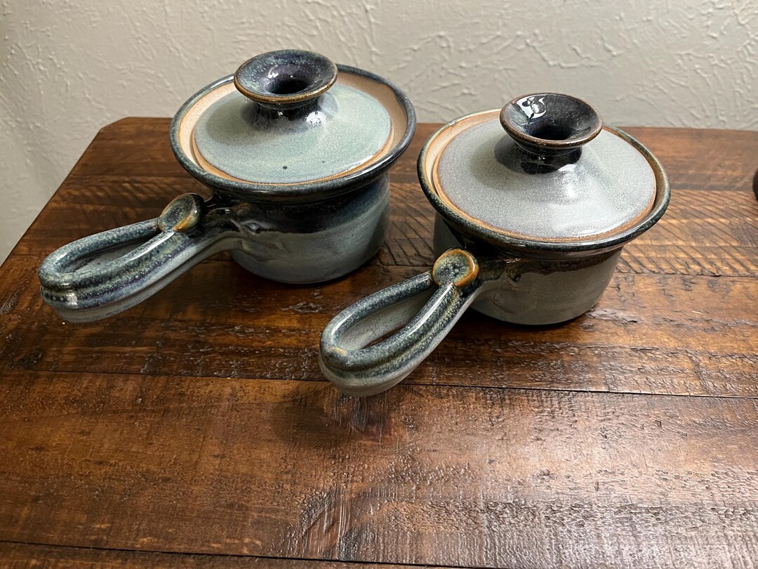 Jus Cuz Pottery Texas Covered Bean Pot Soup Bowl Crock Blue Glazed Set ...