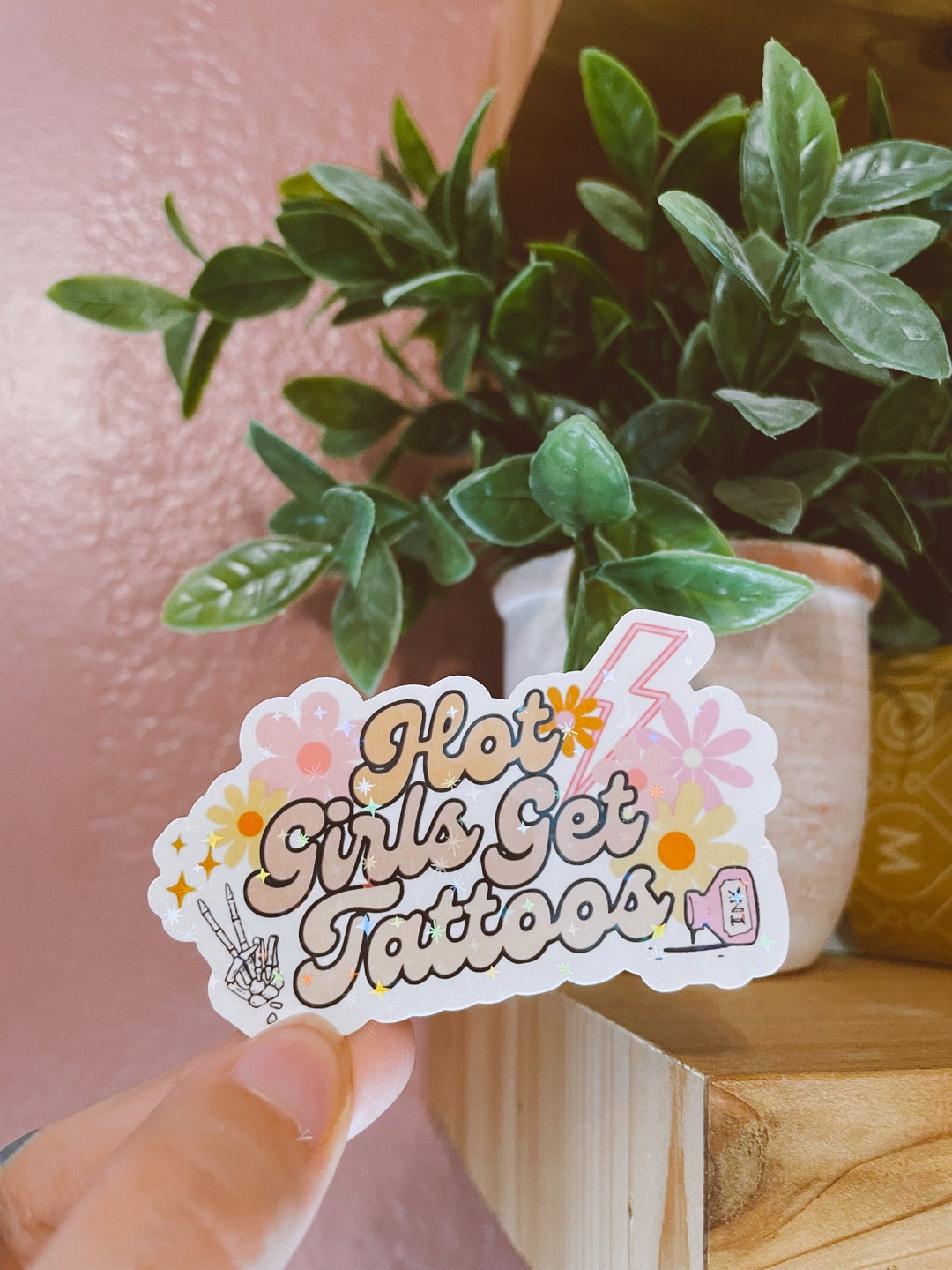 Hot Girls Get Tattoos Sticker Holographic Sticker Boho Retro Groovy ...
