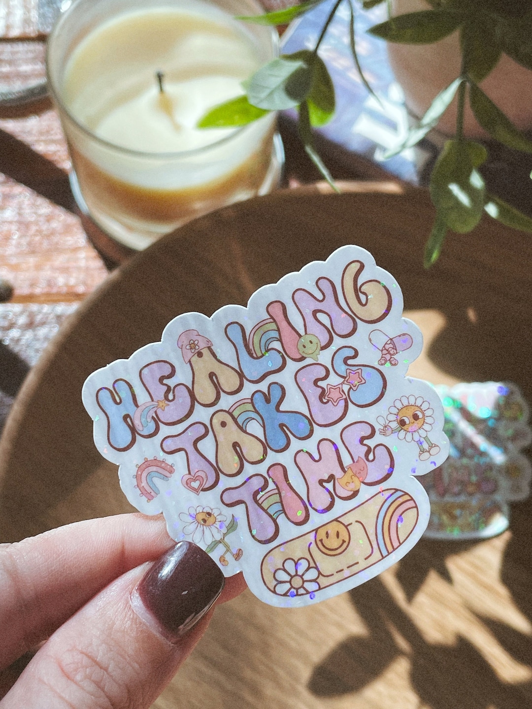 Healing Takes Time Sticker Holographic Boho Retro Groovy Vinyl Sticker ...