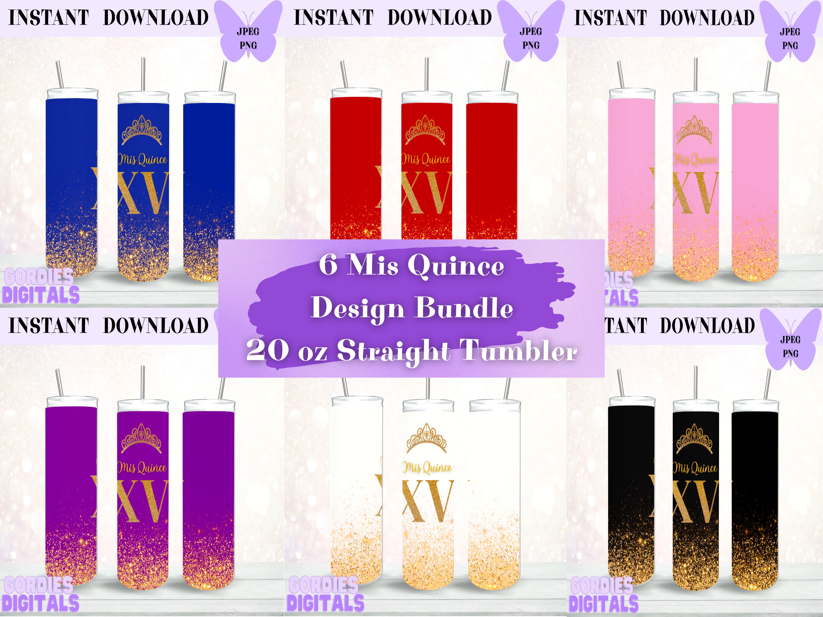 Mis Quince XV Gold Glitter Tiara 20oz Skinny Tumbler Wrap Bundle ...