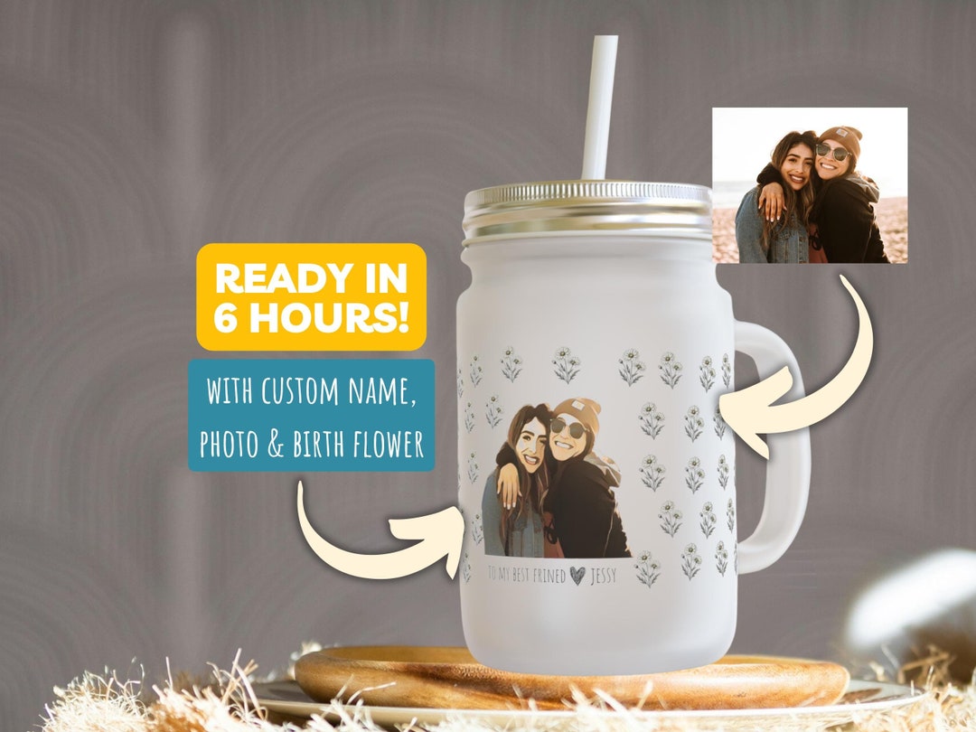 Customize Jar With Birth Flower With Name & Photo, Decorating Jar, Gift ...