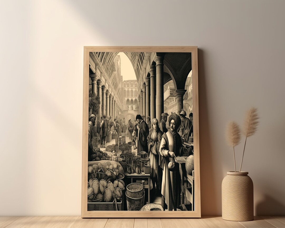 Vintage Market Illustration Black & White Art, Digital Art, Digital ...