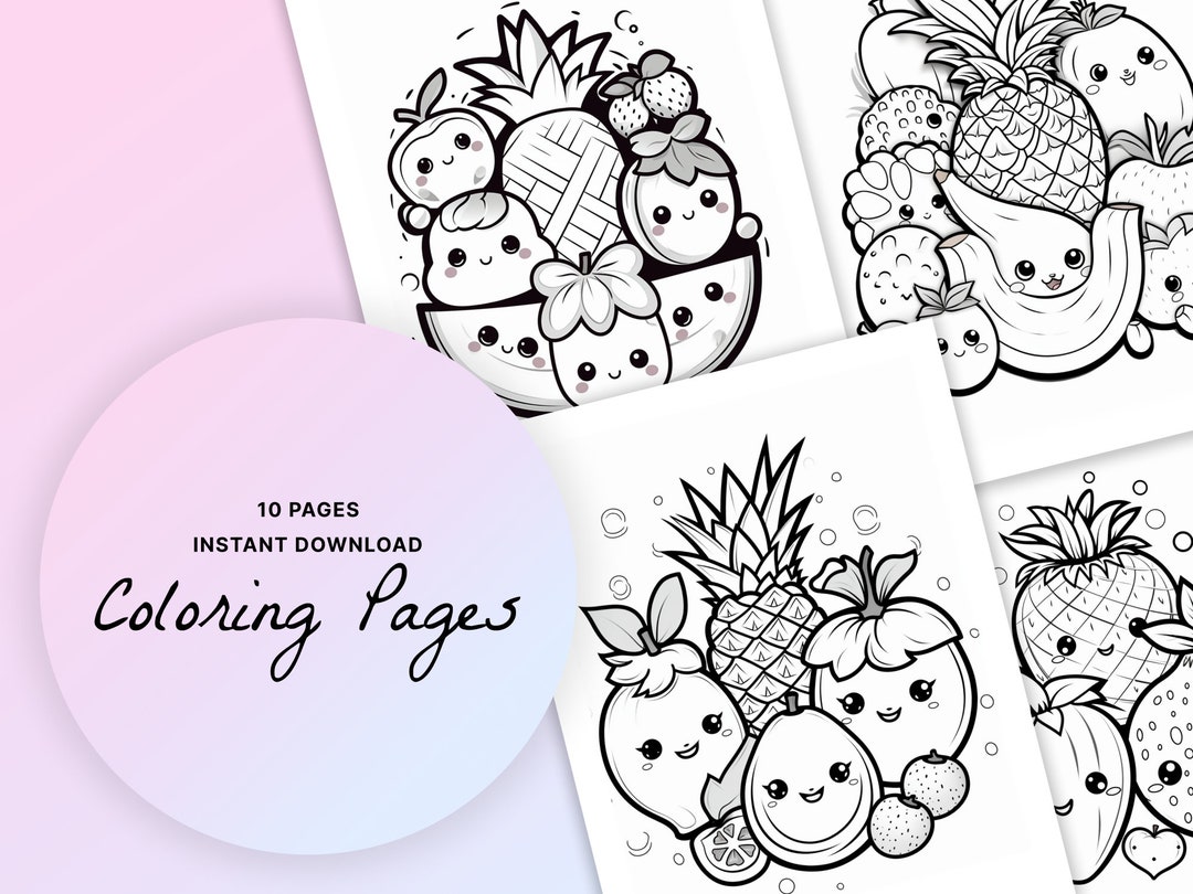 Coloring Pages Kawaii Fruit Friends Instant Digital - Etsy