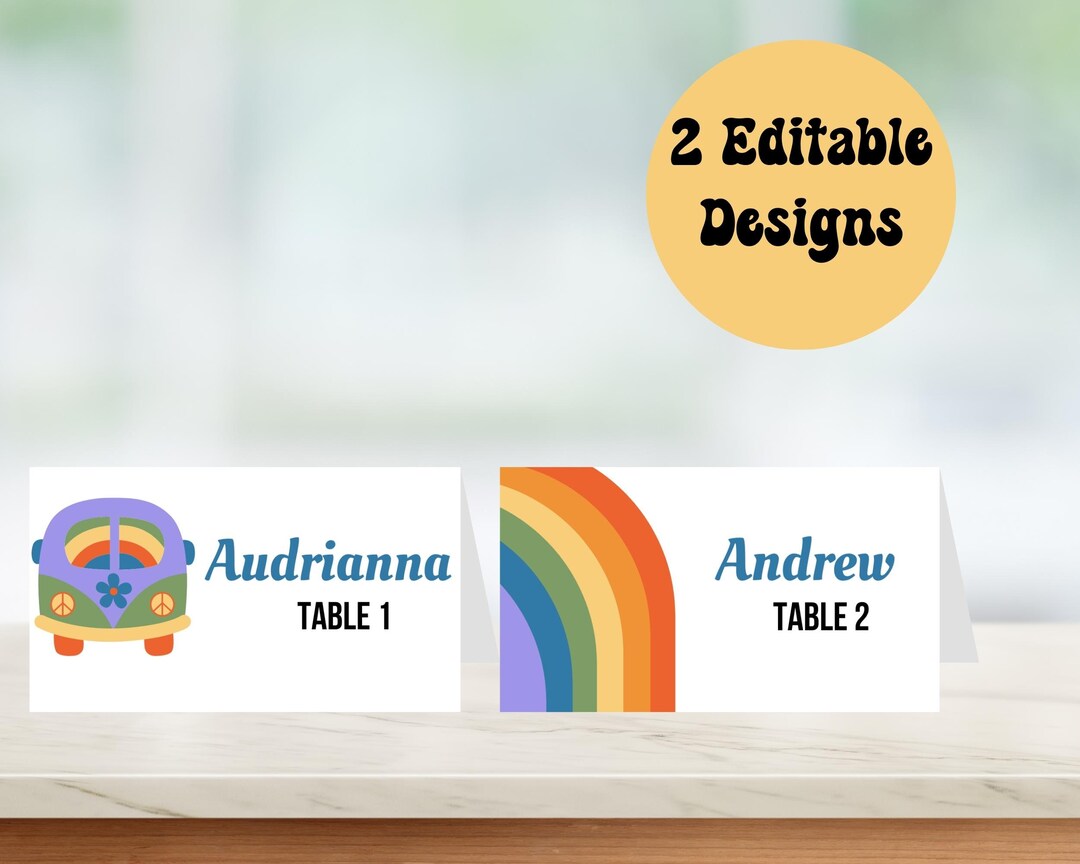 Editable Hippie Rainbow Place Cards 70s Retro Vibe Table Assignment ...