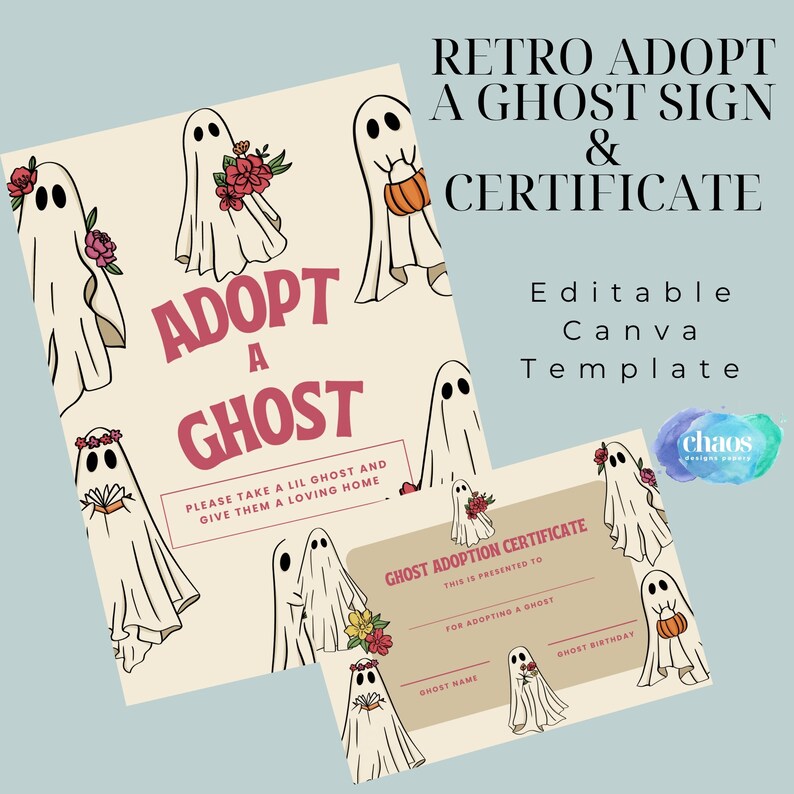 Retro Adopt A Ghost Sign and Certificate Halloween Birthday Adoption ...