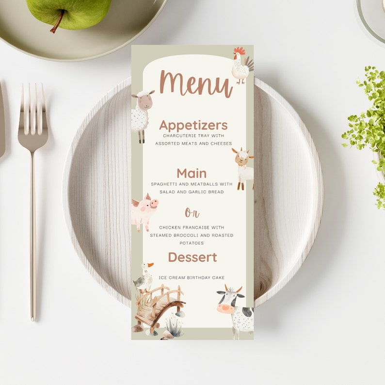 Printable Menu Template Farm Animal Birthday Party Menu Barnyard Bash ...