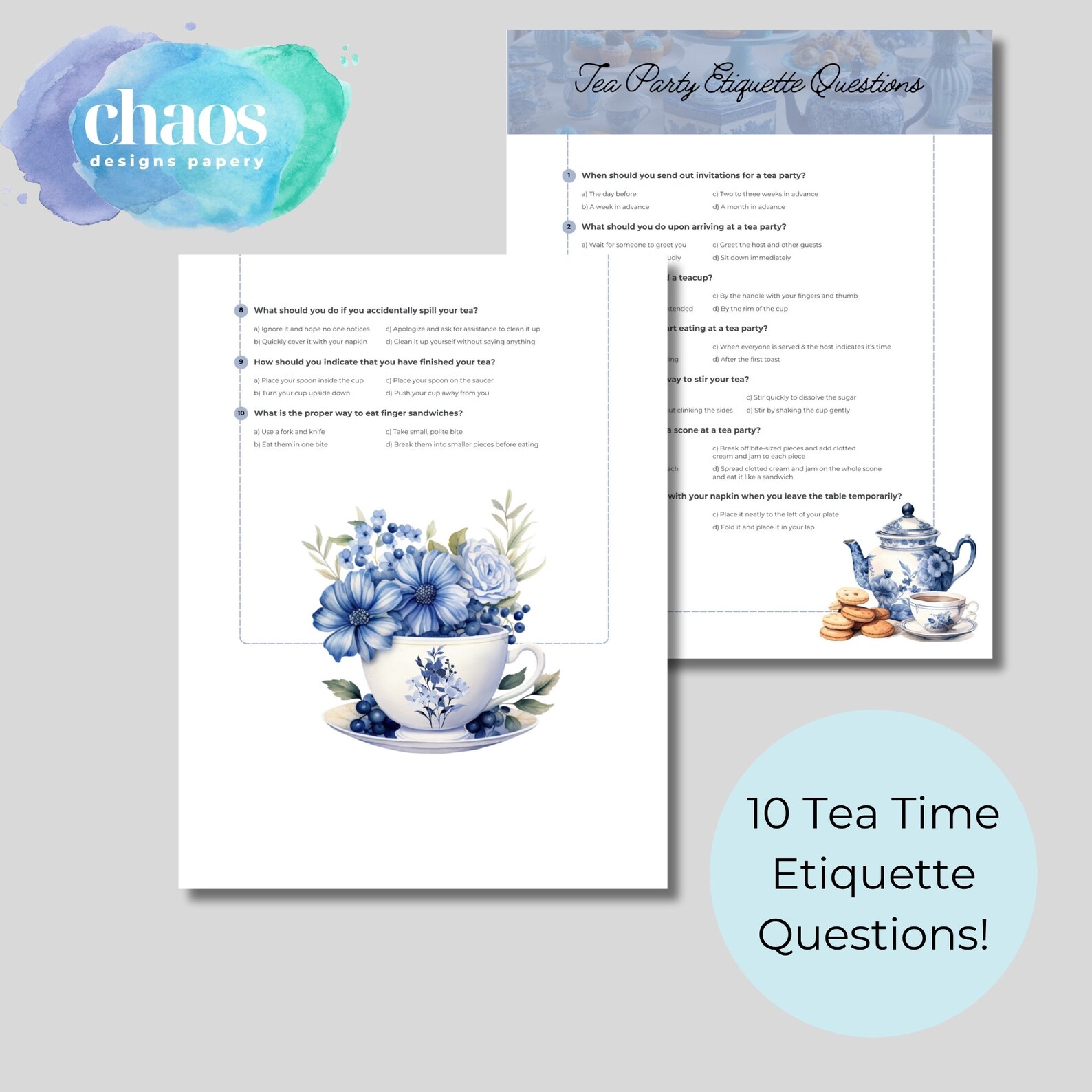Tea Party Etiquette Game Printable Questionnaire, Tea Time Manners ...