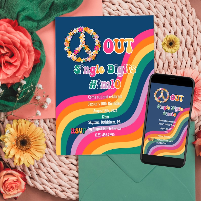 Peace Out Single Digits Birthday Invitation Editable Hippie Rainbow ...