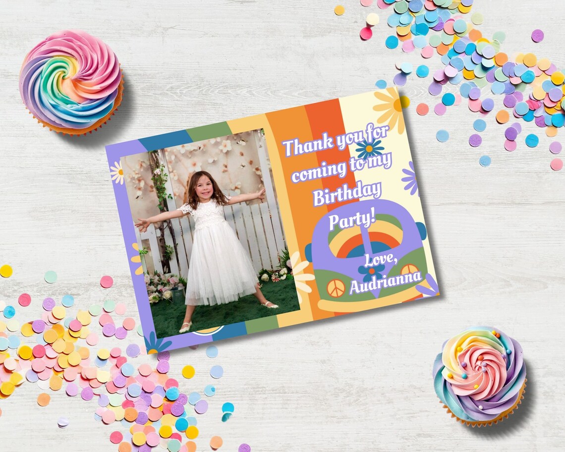 Editable Hippie Rainbow Photo Thank You Flat Card, Digital Download ...