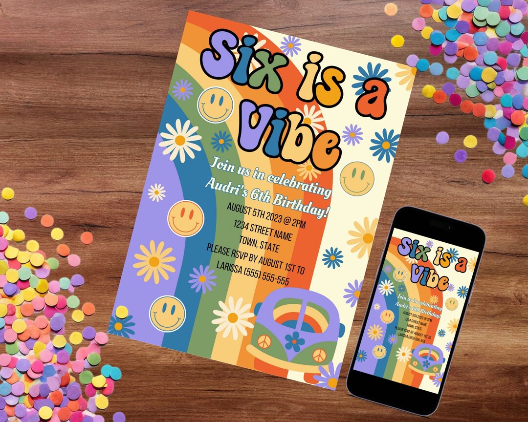 Editable Six is a Vibe Birthday Invitation, Hippie Rainbow 6th Bday ...